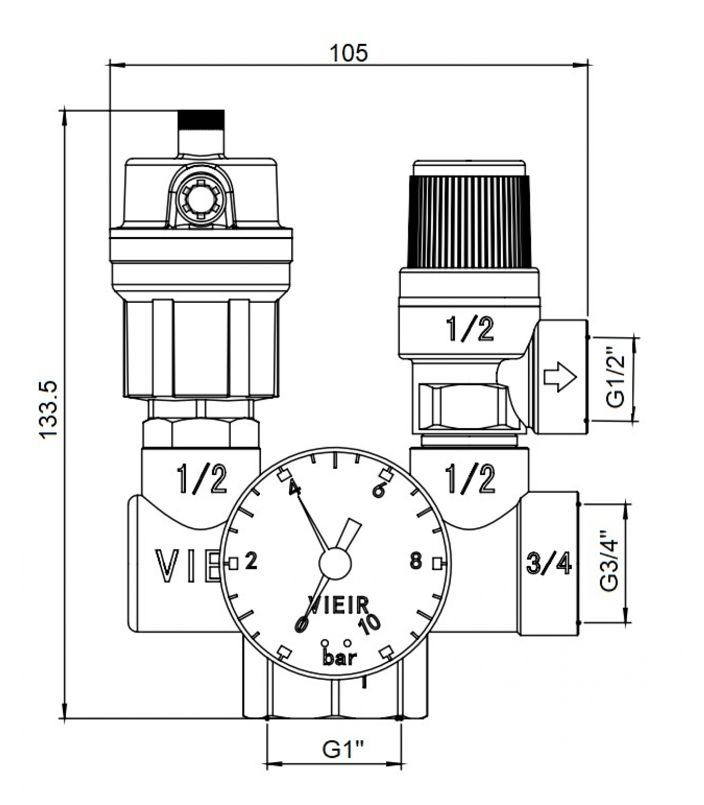 Группа безопасности 3/4" Vieir 3bar проходная, воздухоотводчик, предохранительный клапан ...