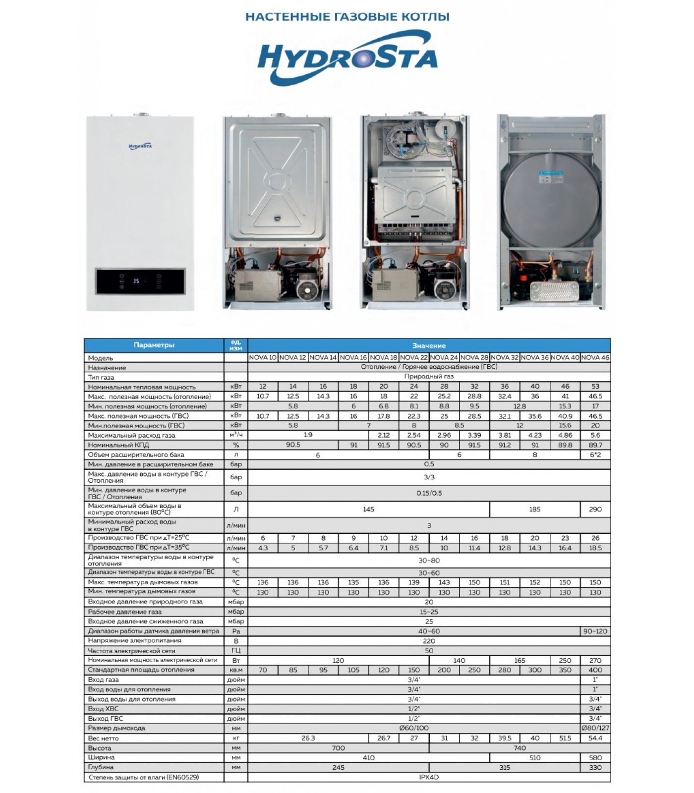 Газовый котел 16кВт Hydrosta NOVA 16, двухконтурный, настенный, изолированная камера сгорания ...